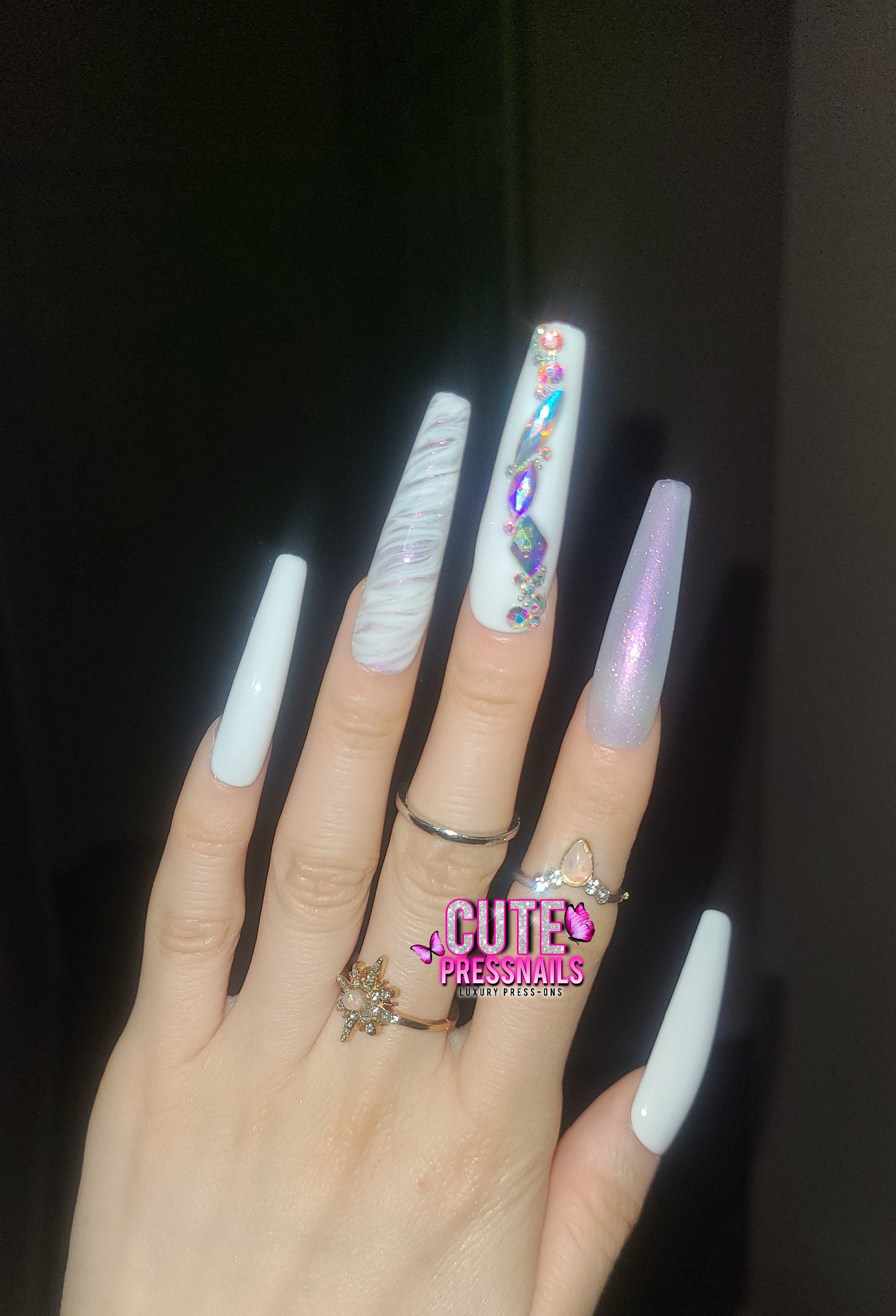 XXL WHITE MARBLE Press on Nails Gel Acrylic Nails Crystal - Etsy