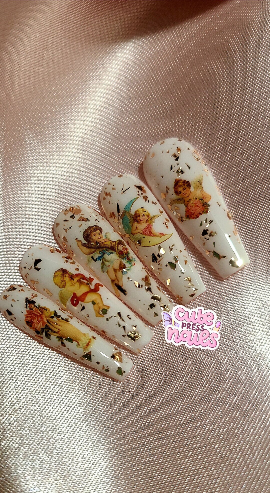 ANGEL Baby Press on Nails | Baby Angels | Gold Flakes | Gel Acrylic ...