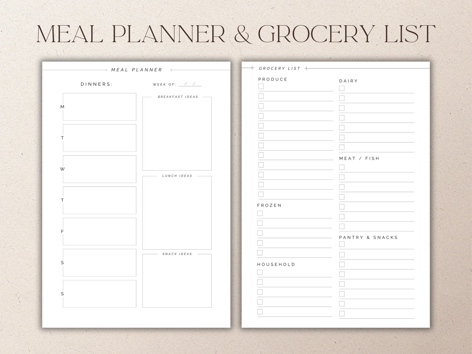 Printable Meal Planner Template Grocery Checklist Weekly Family Food ...