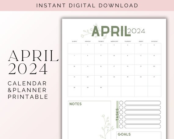 Vertical April 2024 Editable Calendar Printable: PDF Monthly Organizer ...