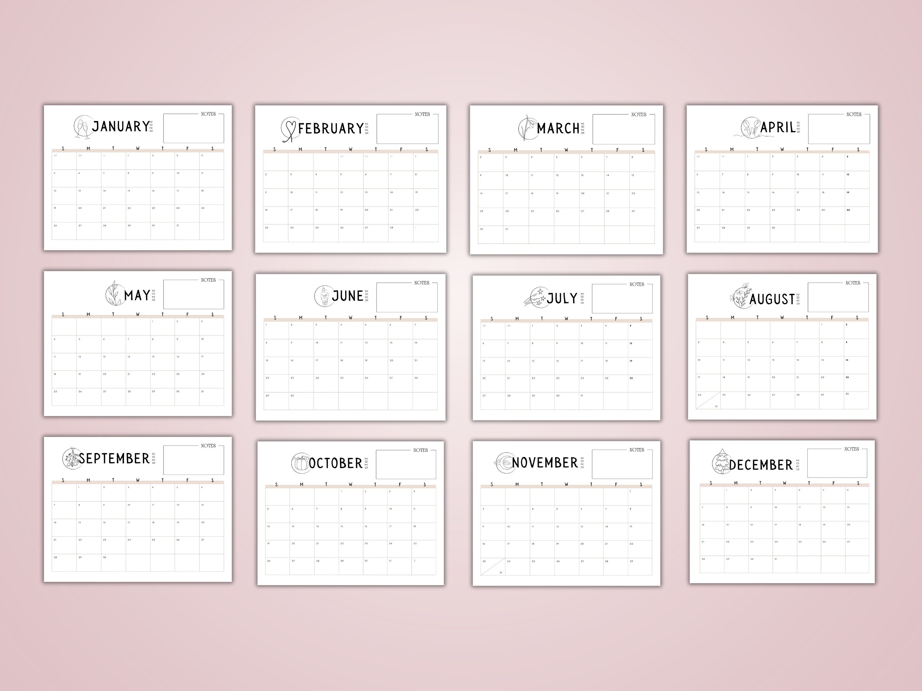 12 Month Calendar | 2025 Printable Calendar, Aesthetic Calendar ...