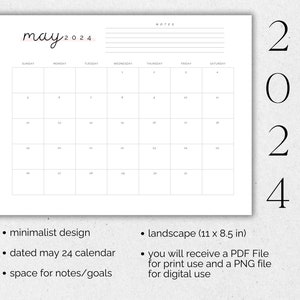 May 2024 Calendar Printable: Minimalist Landscape Planner (PDF/PNG) - Etsy