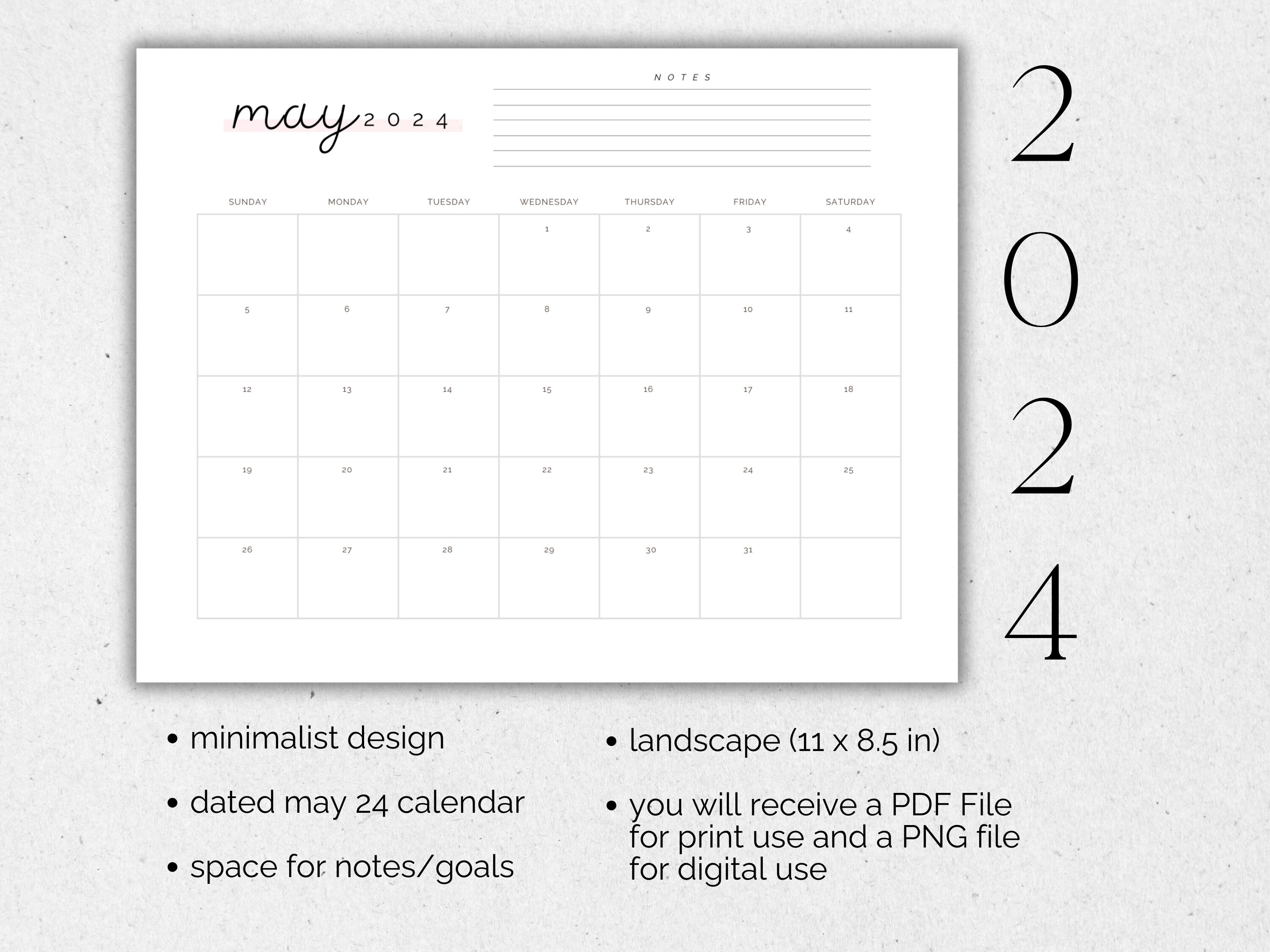 May 2024 Calendar Printable: Minimalist Landscape Planner (PDF/PNG) - Etsy