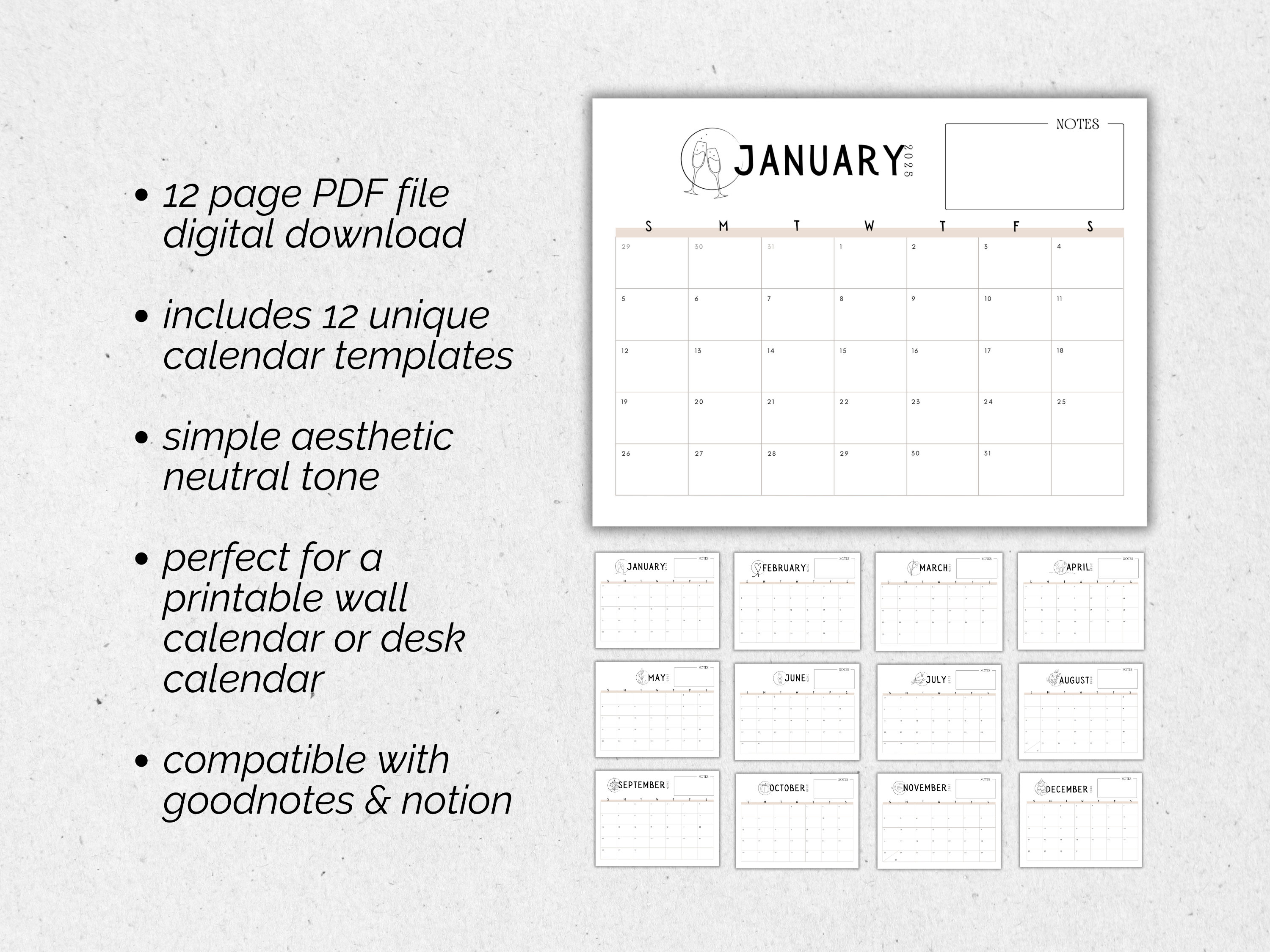 12 Month Calendar | 2025 Printable Calendar, Aesthetic Calendar ...