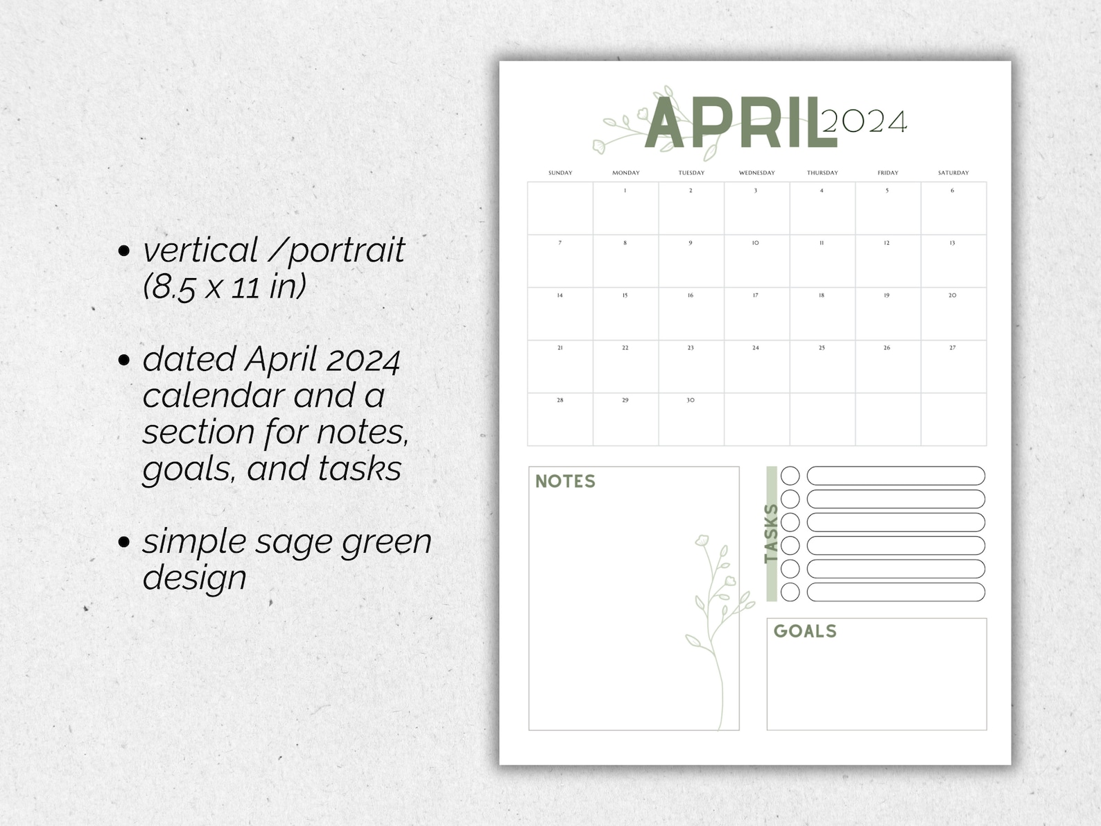 Vertical April 2024 Editable Calendar Printable: PDF Monthly Organizer ...