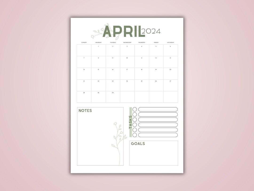 Vertical April 2024 Editable Calendar Printable: PDF Monthly Organizer ...