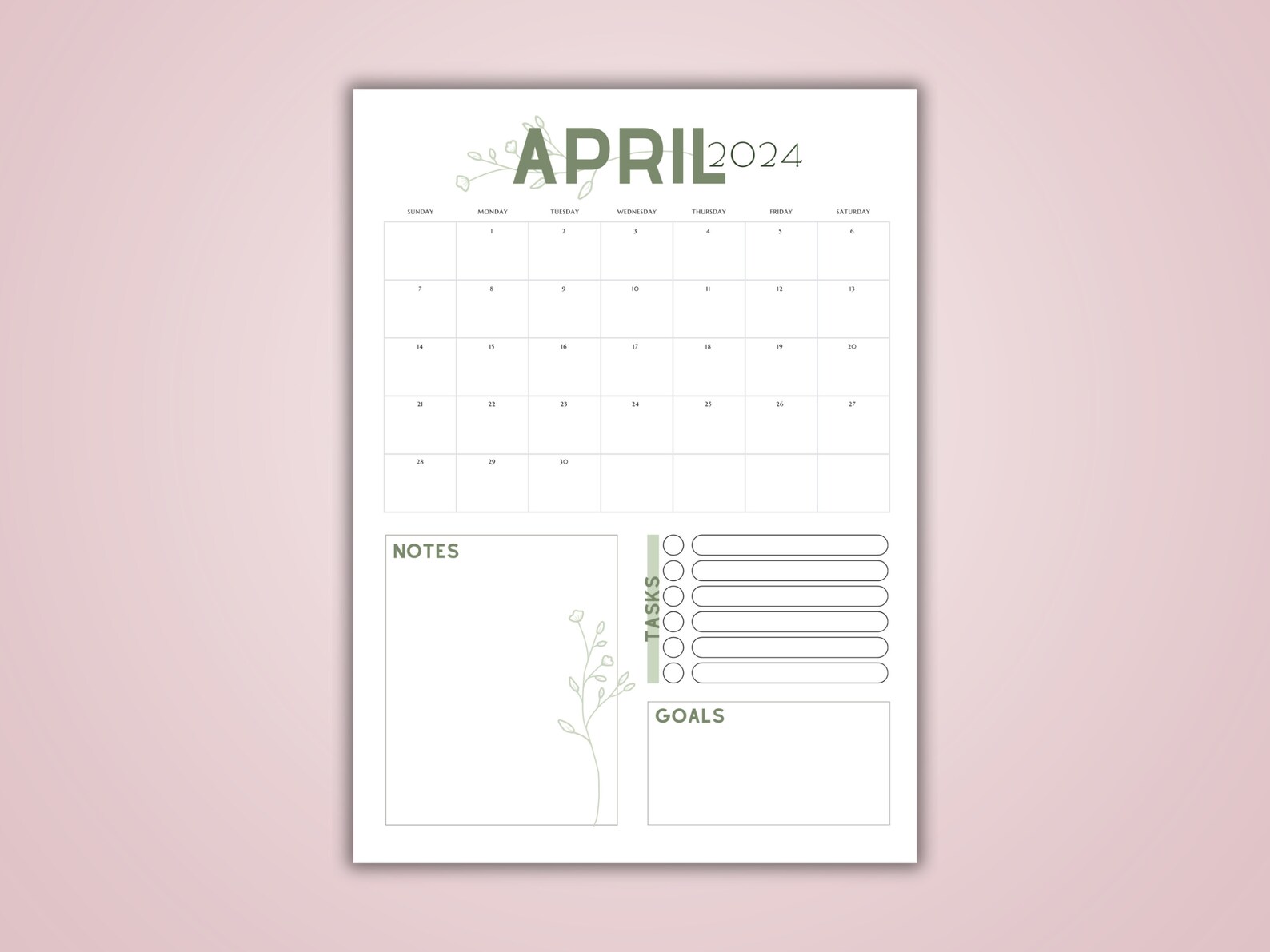 Vertical April 2024 Editable Calendar Printable: PDF Monthly Organizer ...