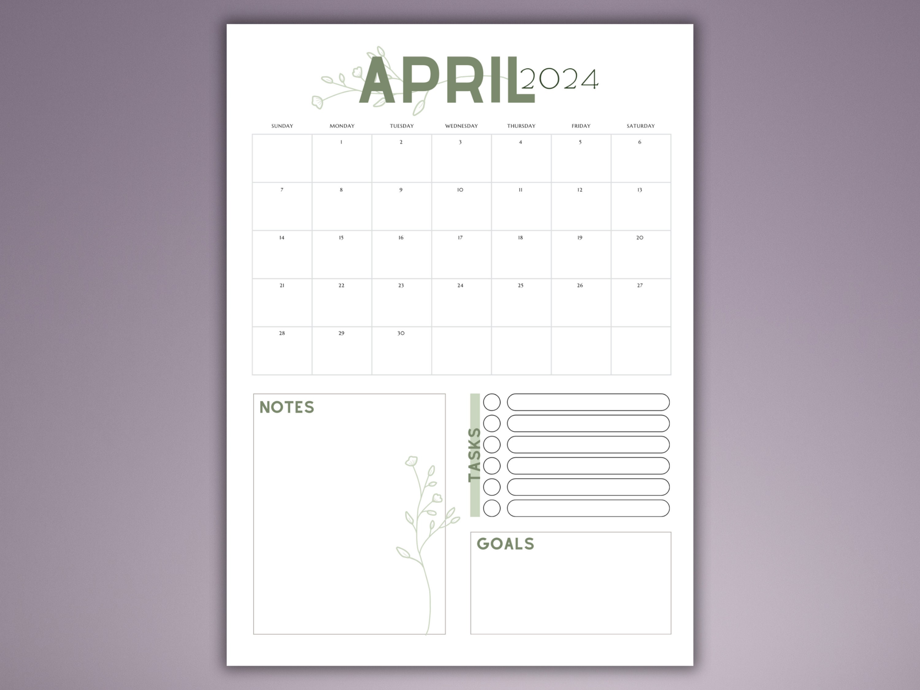 Vertical April 2024 Editable Calendar Printable: PDF Monthly Organizer ...