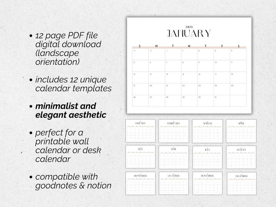 12 Month Calendar | 2025 Calendar Printable, Landscape Calendar ...