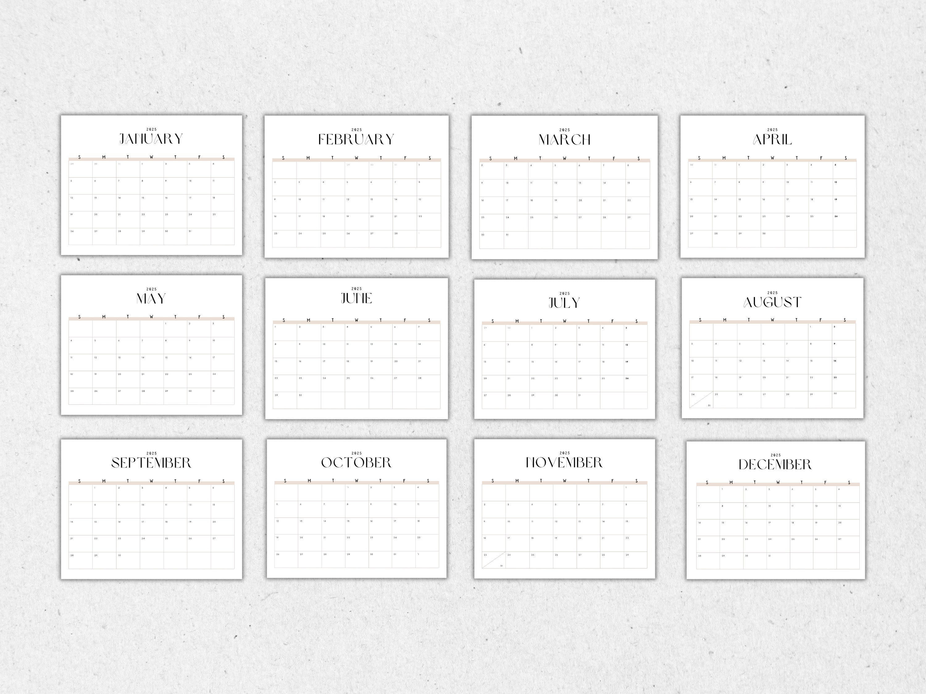 12 Month Calendar | 2025 Calendar Printable, Landscape Calendar ...