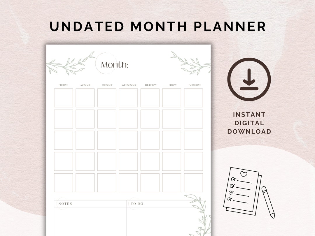 Floral Undated Month Planner, Printable Calendar Template (digital ...