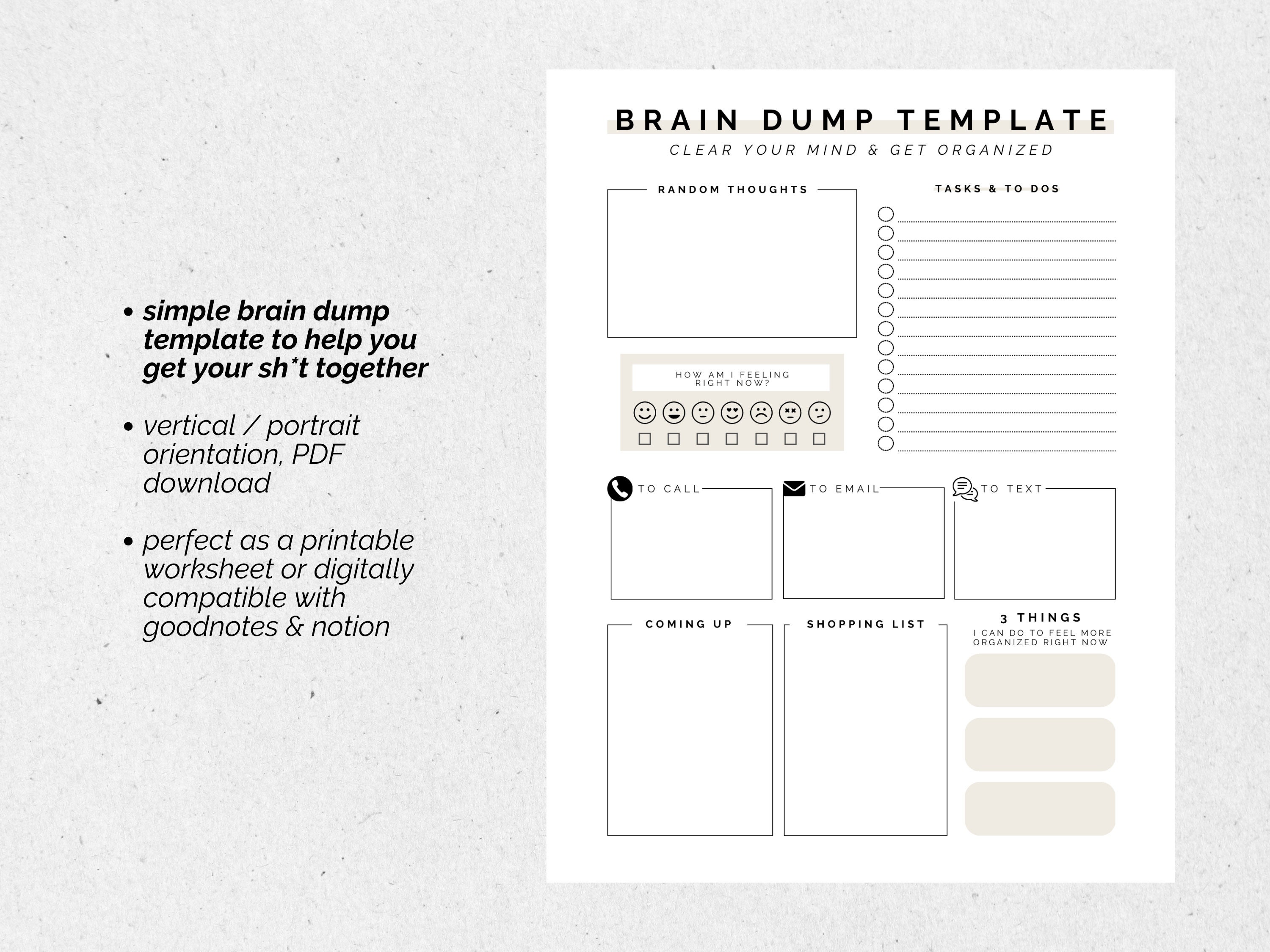 Printable Brain Dump Worksheet, Decluttering Planner, Digital Brain ...