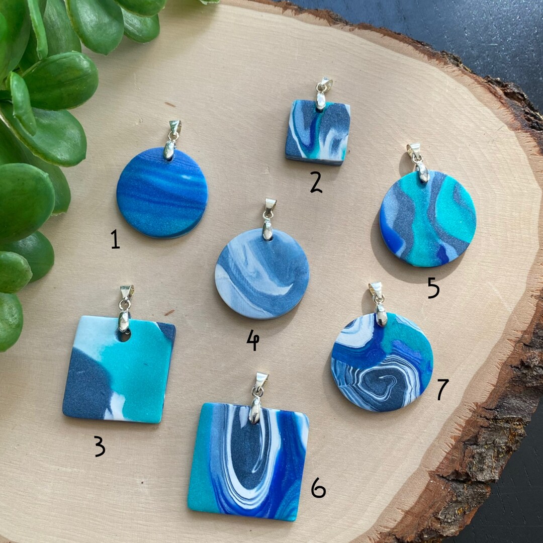 Handmade Blue Polymer Clay Pendant Necklace, Ocean Swirl Design - Etsy