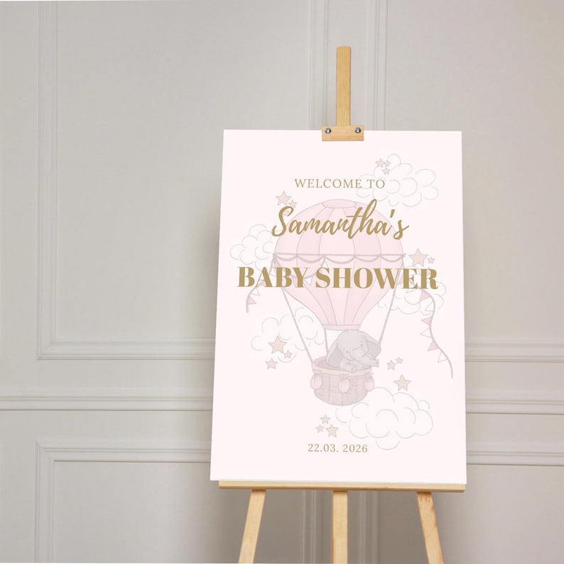 Pink Baby Shower Welcome Sign | Editable Hot Air Balloon (digital ...
