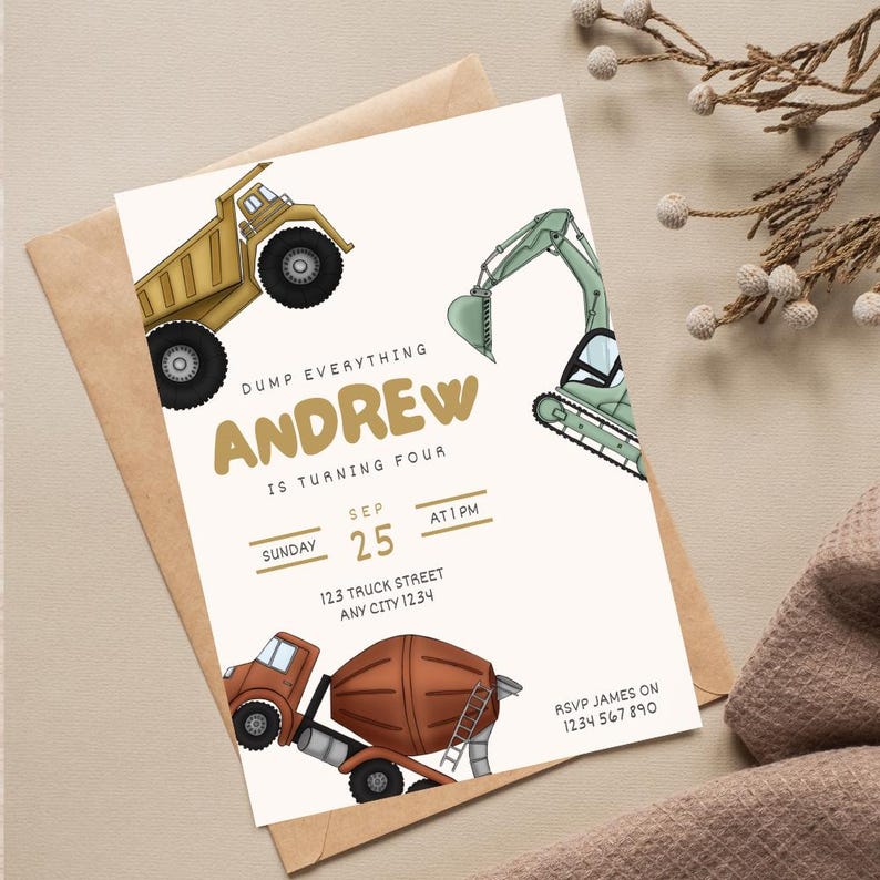 Digital Trucks and Construction Party Invitation | Custom Printable ...