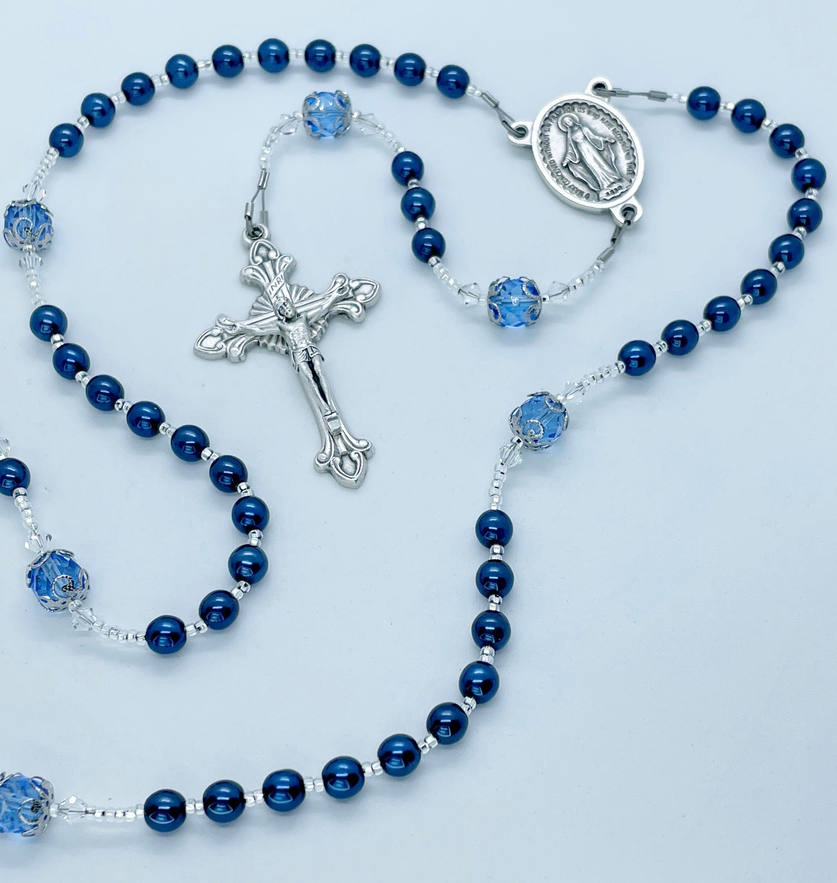 Navy Blue Rosary: European Glass Pearls, Personalized Baptism Gift - Etsy