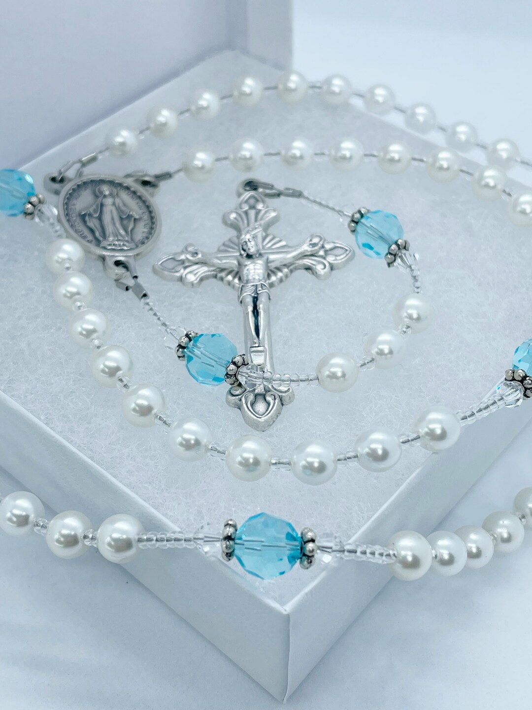 Birthstone December Blue Zircon Personalized Rosary, Baptism, First ...