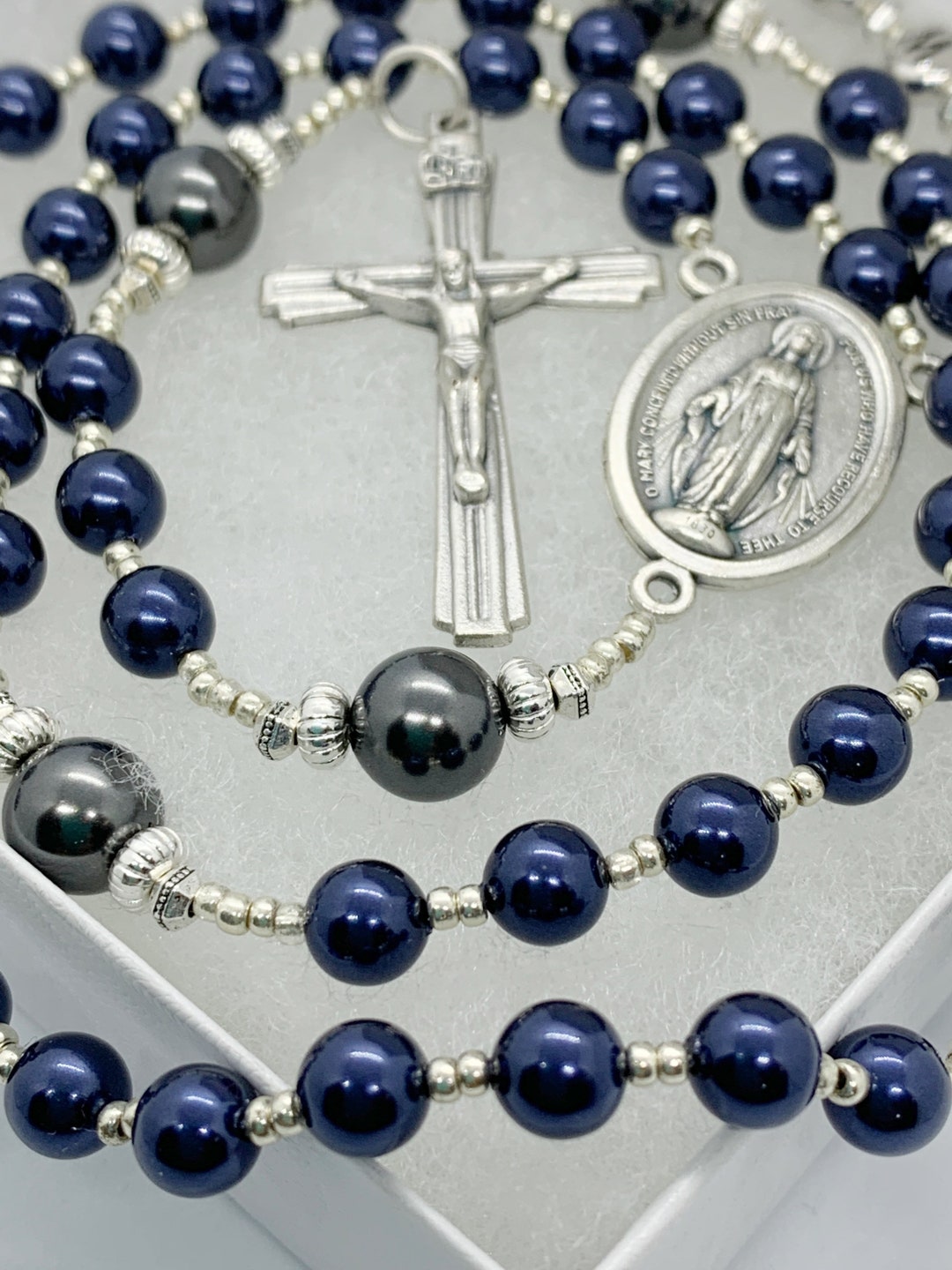 Navy Blue Pearl Rosary, Silver Plated Crucifix, Religious Gift - Etsy