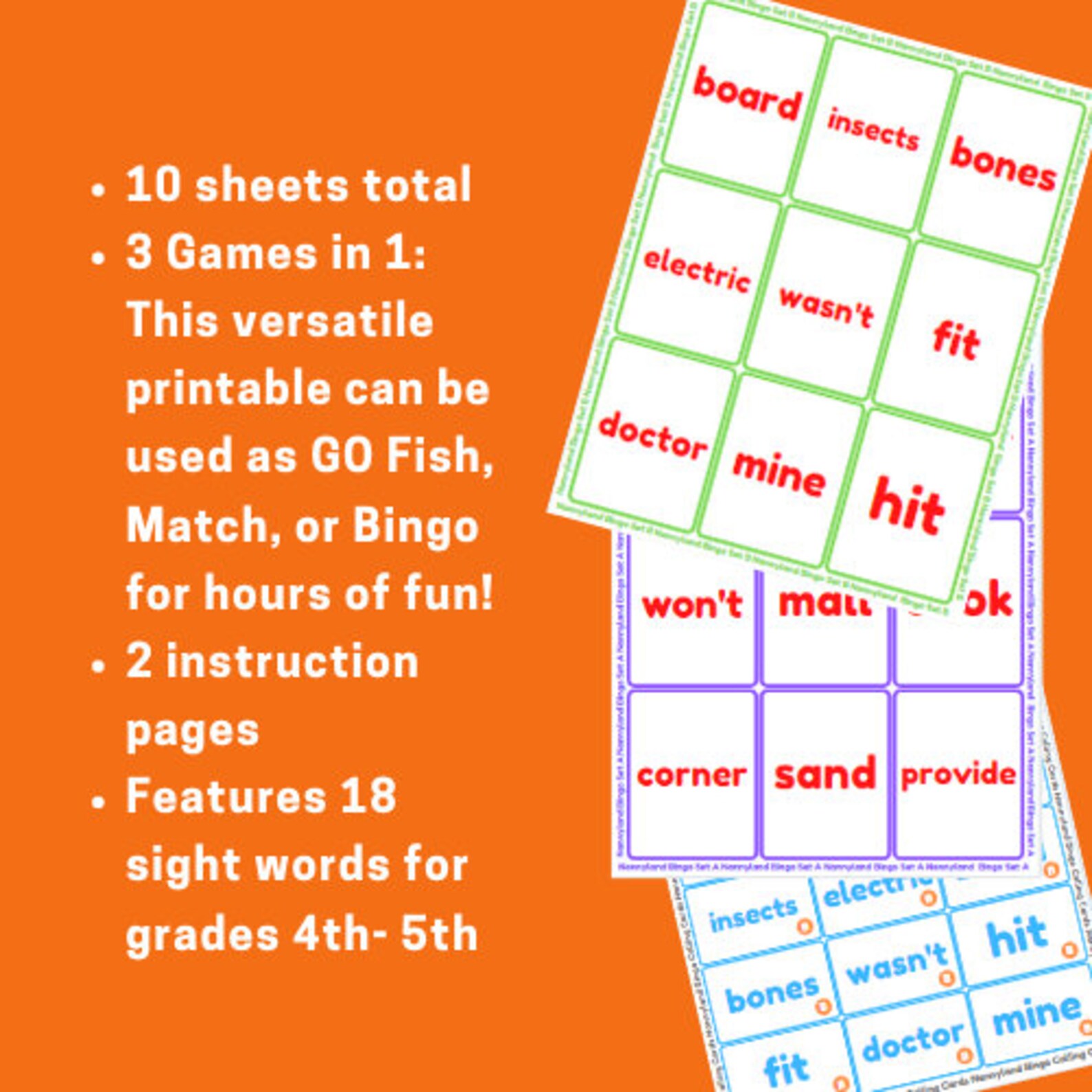 Sight Words 4th + 5th Grade Go Fish, Match, Bingo Printable Game Set ...