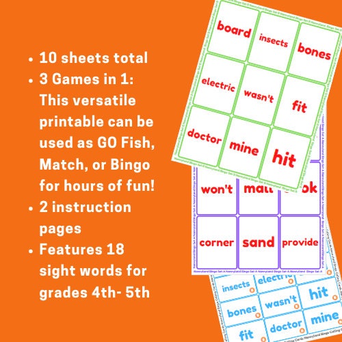 Sight Words 4th 5th Grade Go Fish, Match, Bingo Printable Game Set ...