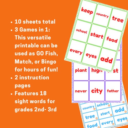 Sight Words 2nd + 3rd Grade Go Fish, Match, Bingo Printable Game Set ...