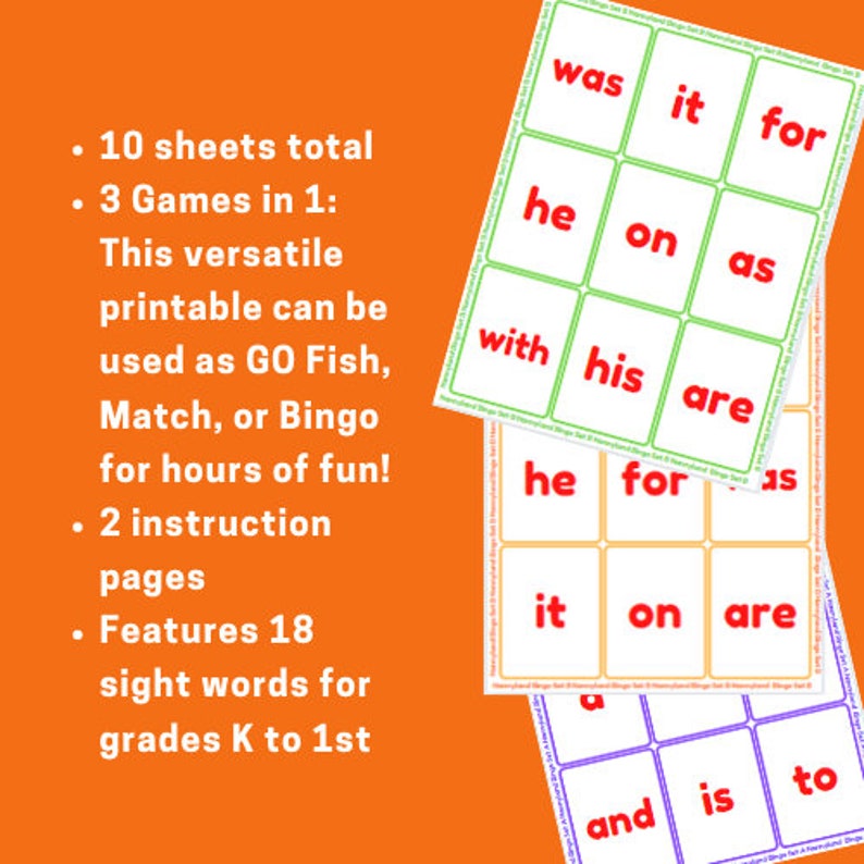 Sight Words K + 1st Grade Go Fish, Match, Bingo Printable Game Set ...