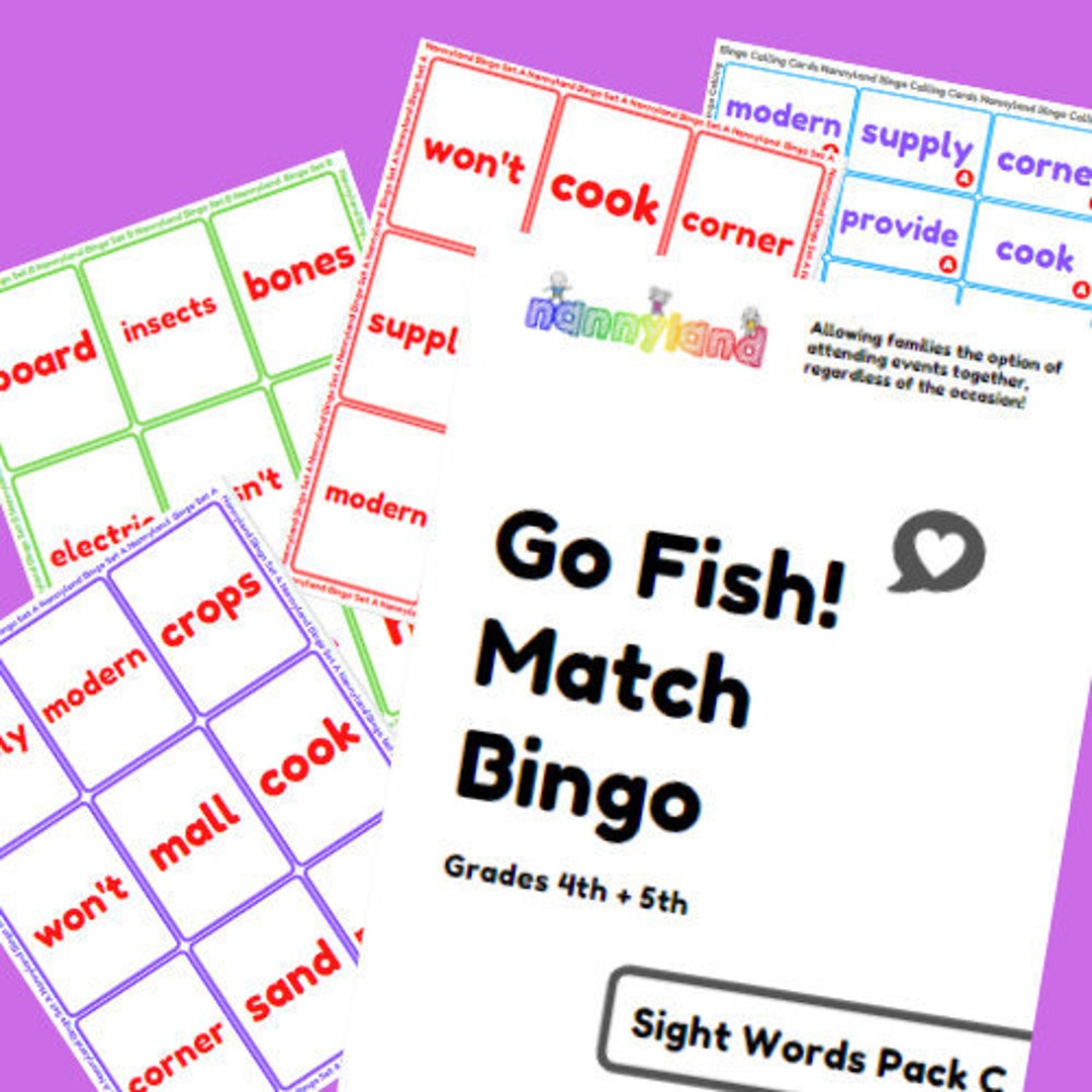 Sight Words 4th + 5th Grade Go Fish, Match, Bingo Printable Game Set ...