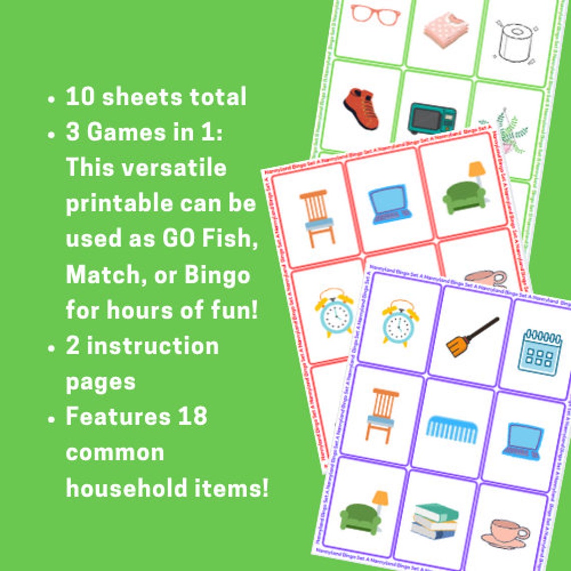 Household Items Go Fish, Match, Bingo Card Game Fun Printable Print and ...