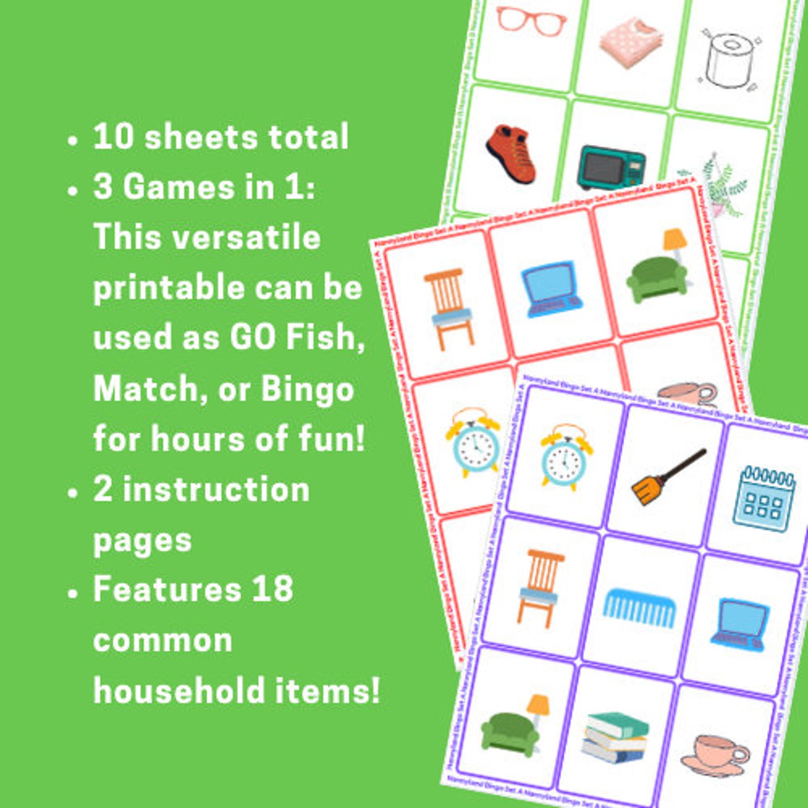 Household Items Go Fish, Match, Bingo Card Game Fun Printable Print and ...