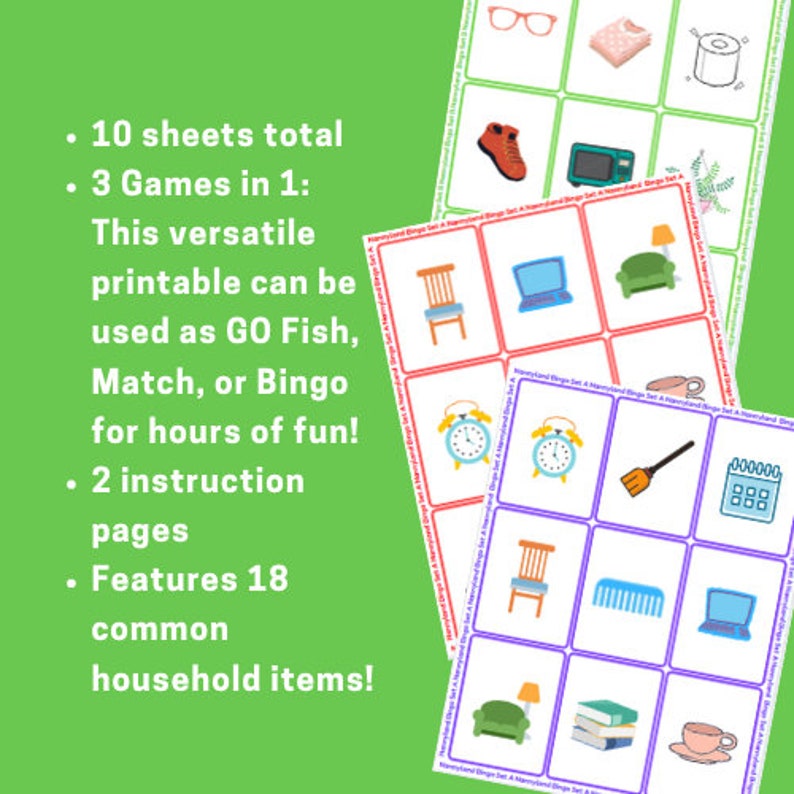Household Items Go Fish, Match, Bingo Card Game Fun Printable Print and ...