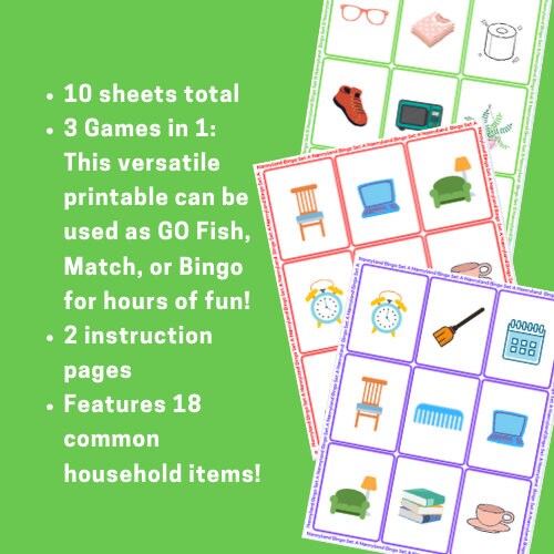 Household Items Go Fish, Match, Bingo Card Game Fun Printable Print and ...