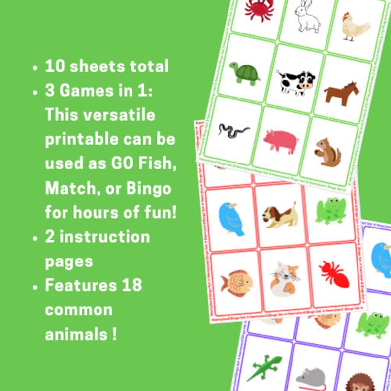 Animals Go Fish, Match, Bingo Card Game Printable Print and Play - Etsy UK