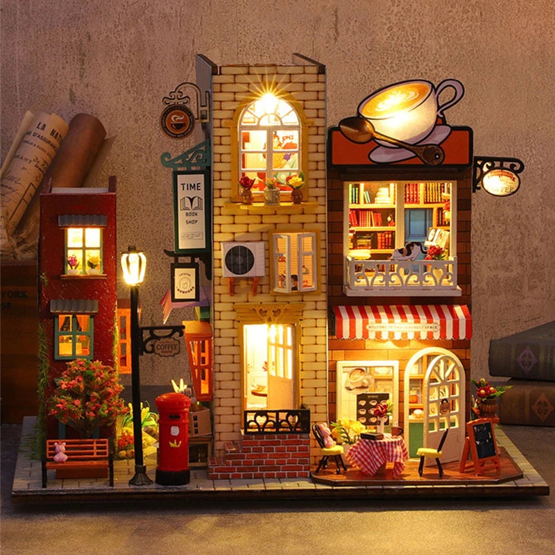 DIY Miniature Book Nook Dollhouse Kit | Wooden Coffee Shop With LED - Etsy