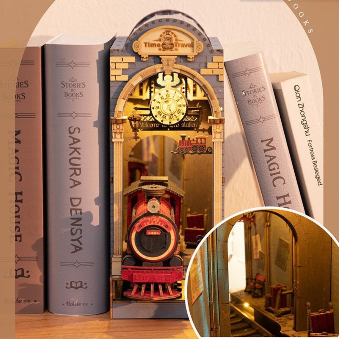 Time Travel Train Book Nook - Book Shelf Insert - Bookcase With Light ...