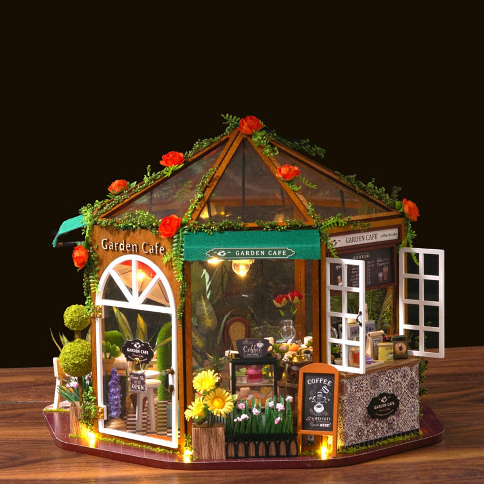 DIY Garden Café Miniature Doll House Kit || 1:24 Glass Garden Turquoise ...