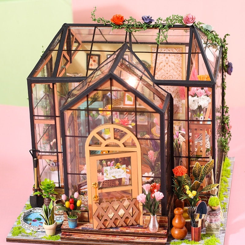 DIY Greenhouse Miniature Dollhouse Kit | Turquoise Garden Room With ...