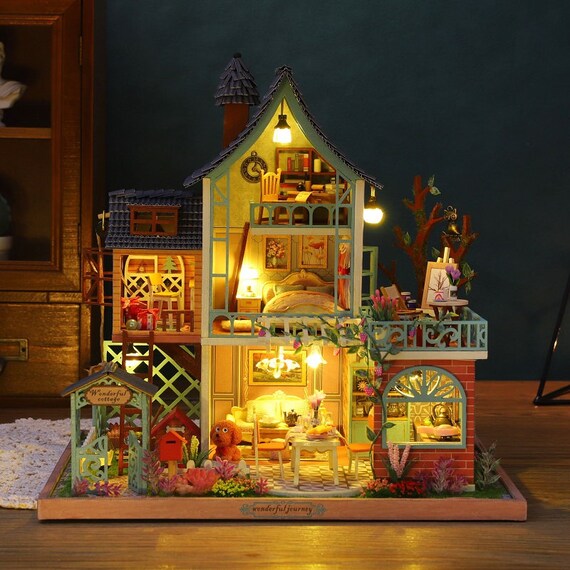 3D Wooden Dollhouse For Adults DIY Miniature Dollhouse Kit With LED ...