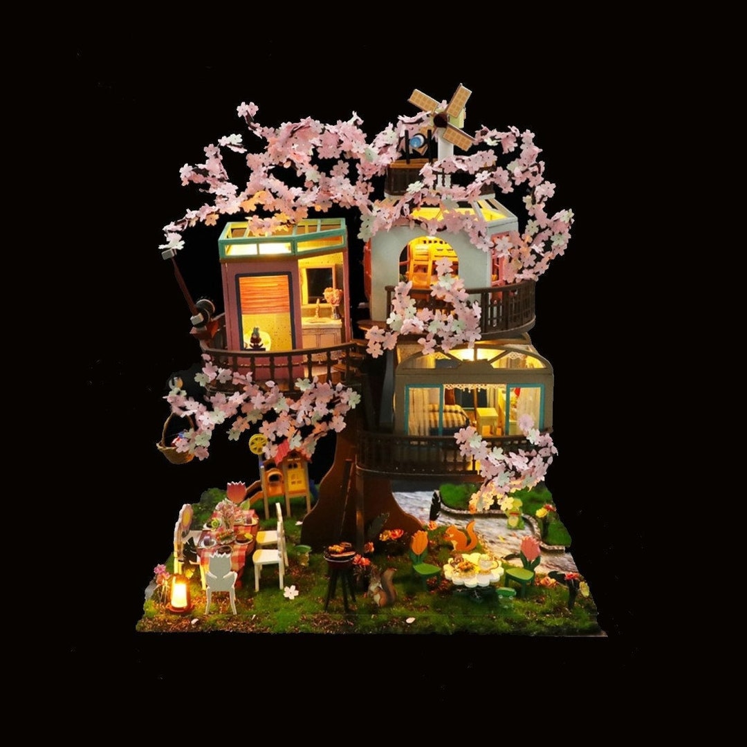 DIY Cherry Blossom Tree Wooden Miniature Doll House Kit 1:24 With Light ...