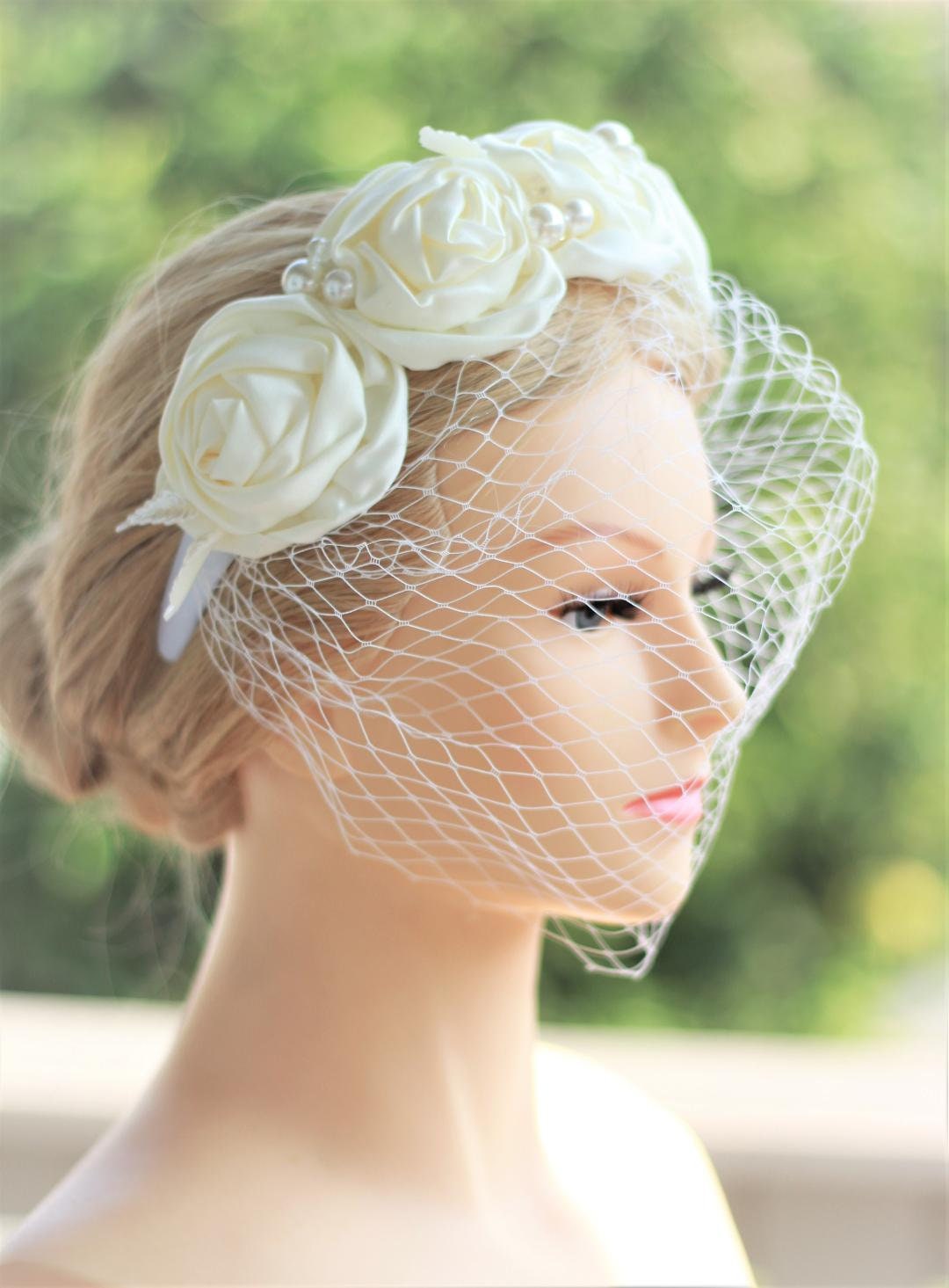 White Bride Fascinators 50's Headband With Birdcage Veil Satin Flowers ...