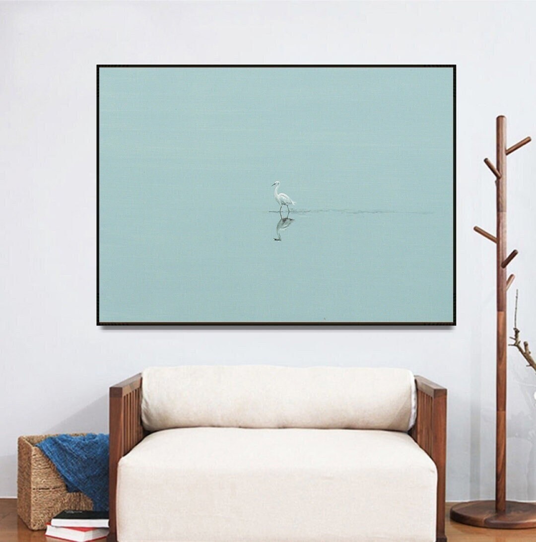 Egret in Water,a Quiet Posture of White and Light Blue , Black,handmade ...