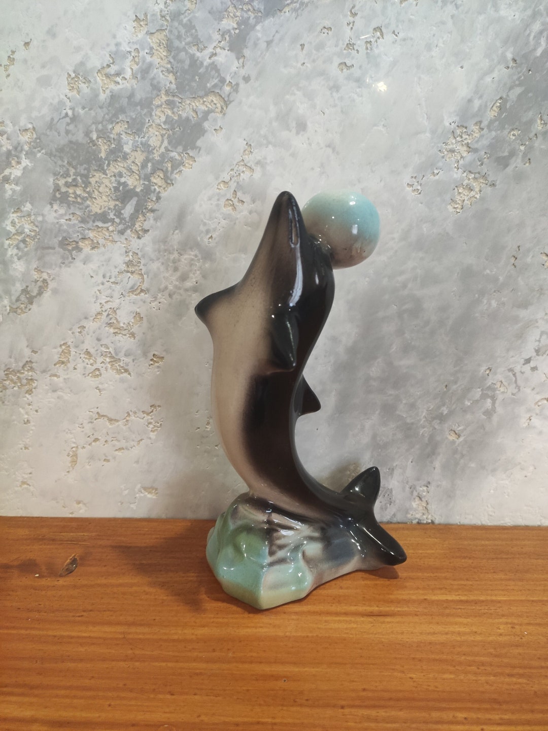 Dolphin Figurine / Porcelain Dolphin With Ball / Animalistic Home Decor ...