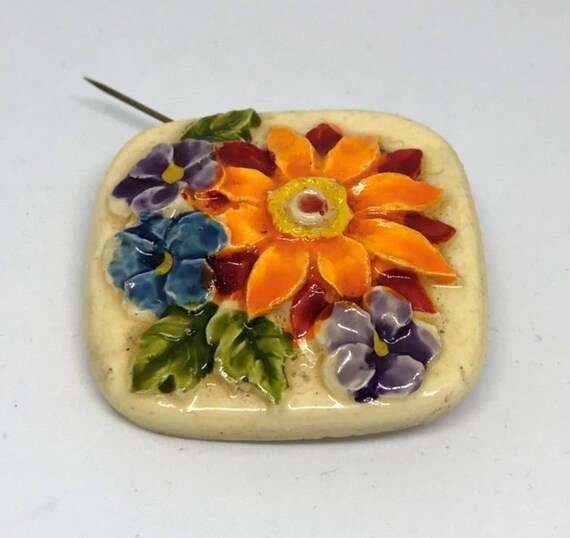 West Germany Ceramic Brooch Pin Floral Bouquet Bright… - Gem