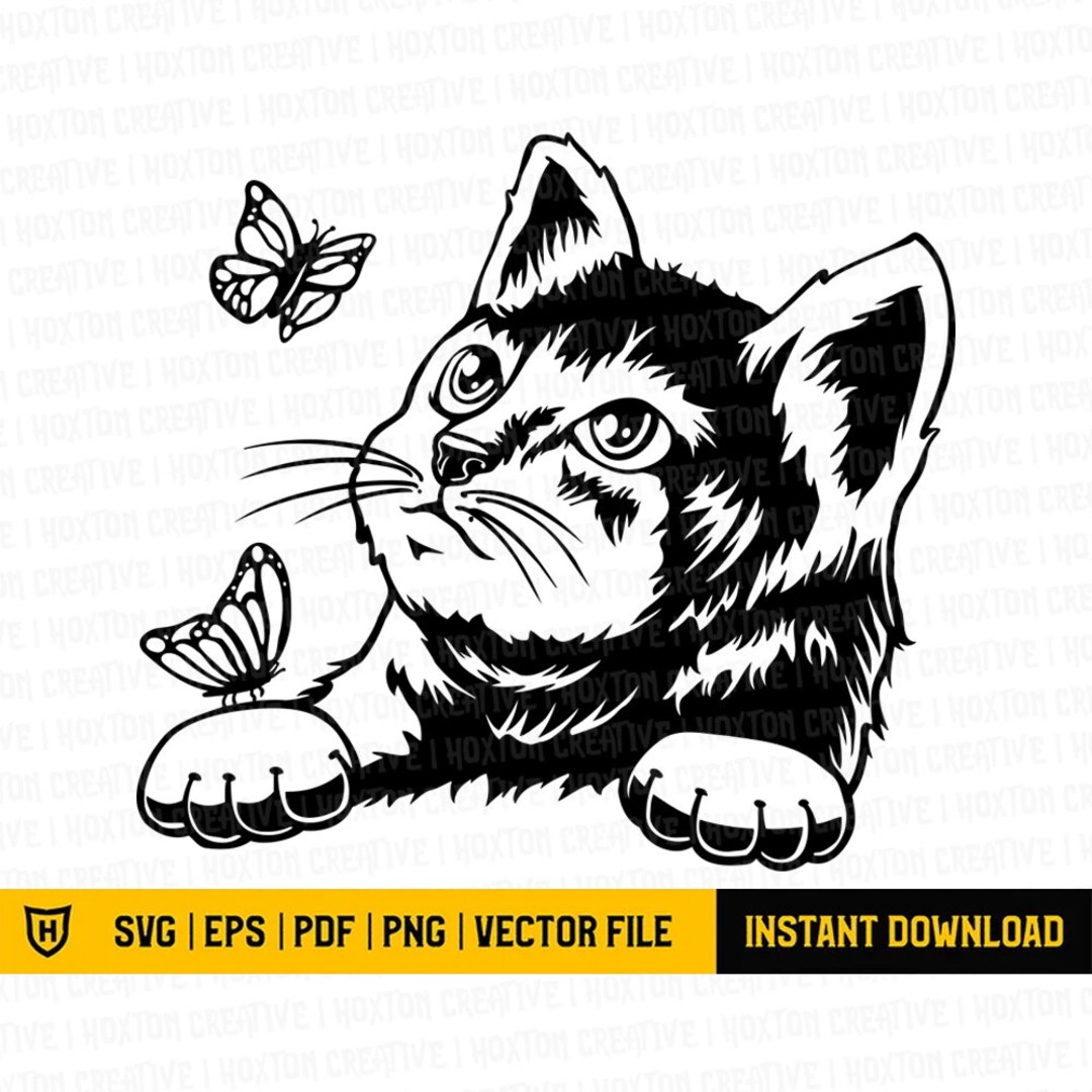 Cute Cat Svg File Curious Kitten Clipart Cat Svg Cat With Butterfly Svg ...