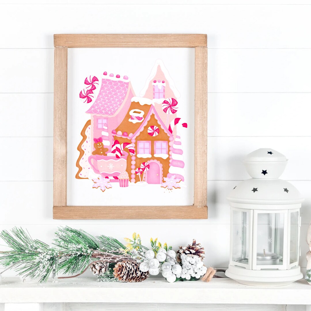 Pink Christmas Gingerbread House Printable Wall Art, Cute Pink ...