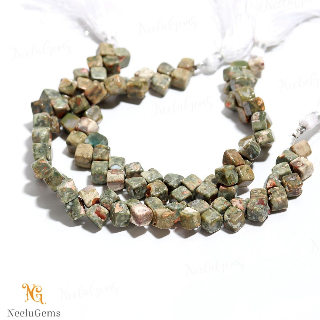 Unakite Jasper Cube Beads, Smooth Gemstone Briolette, 7.5 Inch Strand ...