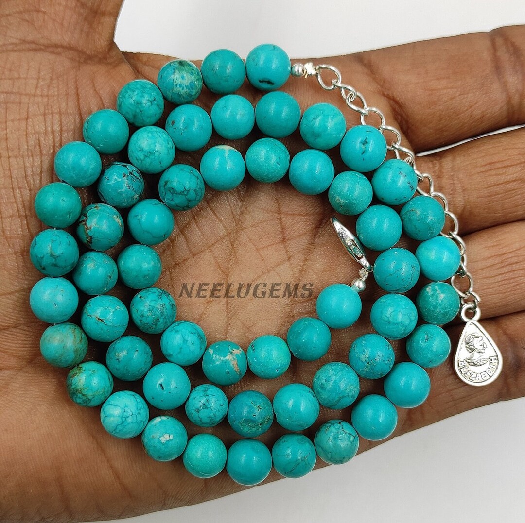 Natural Blue Turquoise Round Beaded Necklace,turquoise Beads Necklace ...