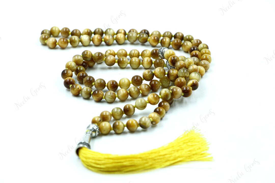 Golden Tiger's Eye Mala Necklace 108 Beads Hand Knotted - Protection ...