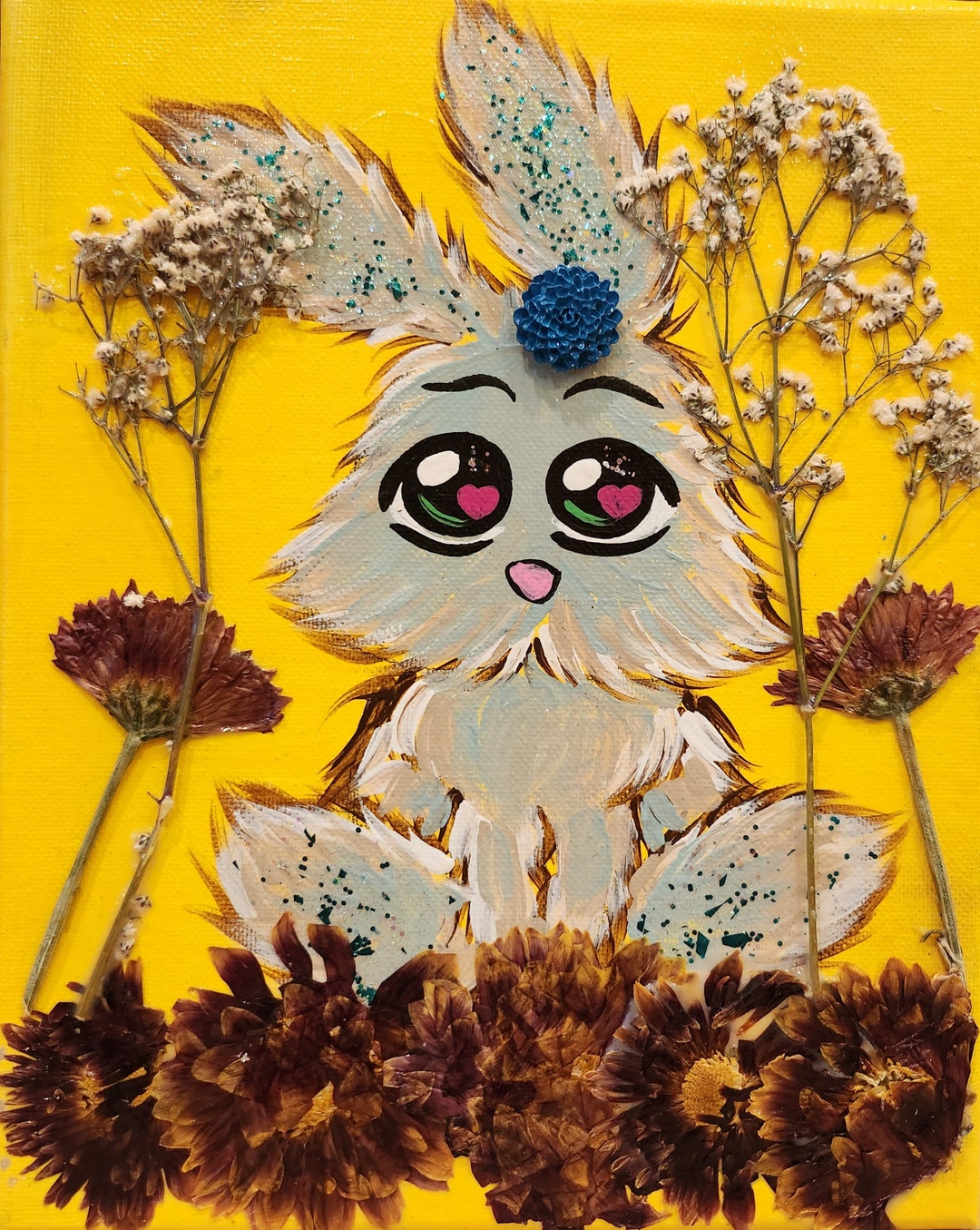 Cute Bunny Rabbit Painting With Real Pressed Flowers - Etsy