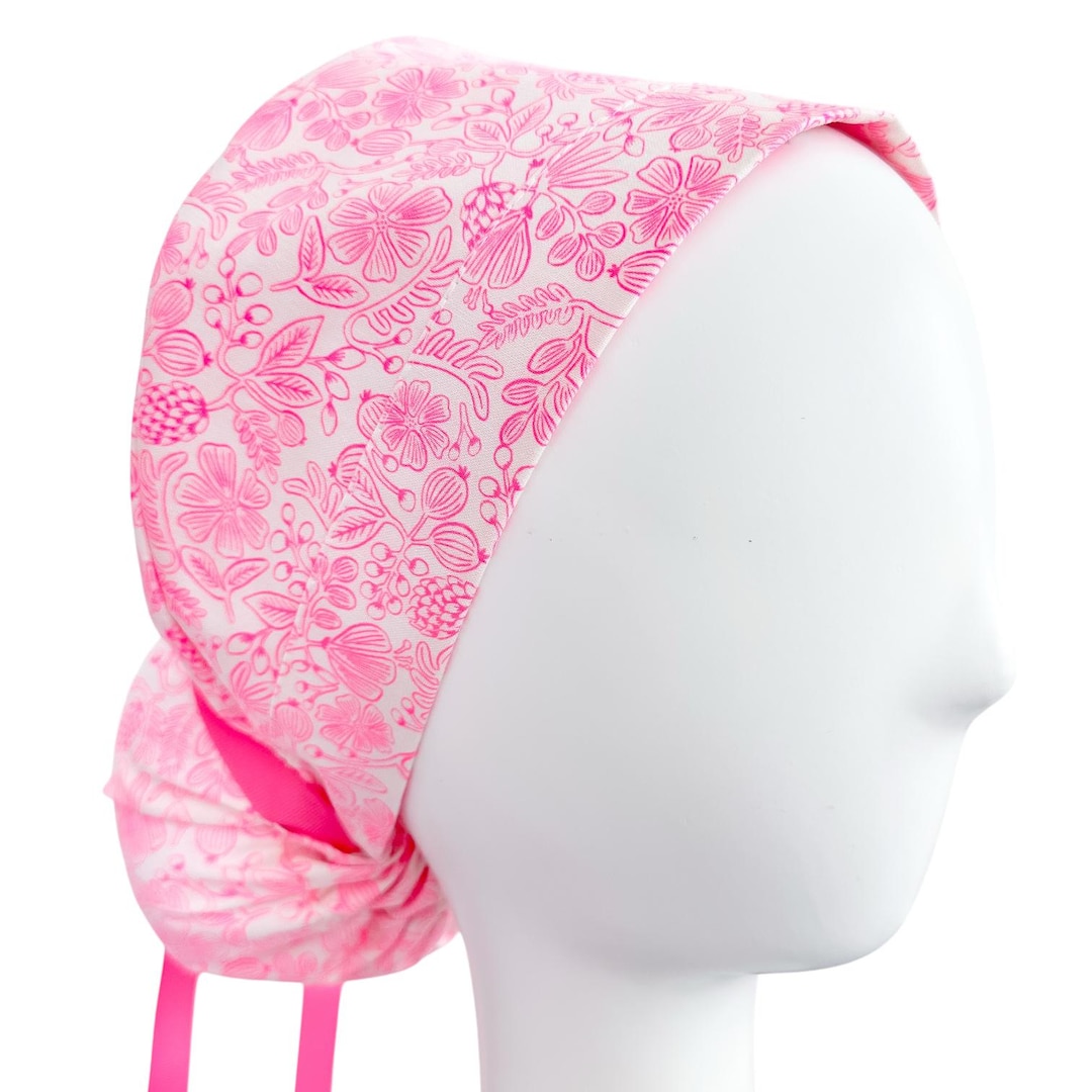 Rifle Paper Co Scrub Cap Floral in Neon Pink | Adjustable Hair Pouch ...