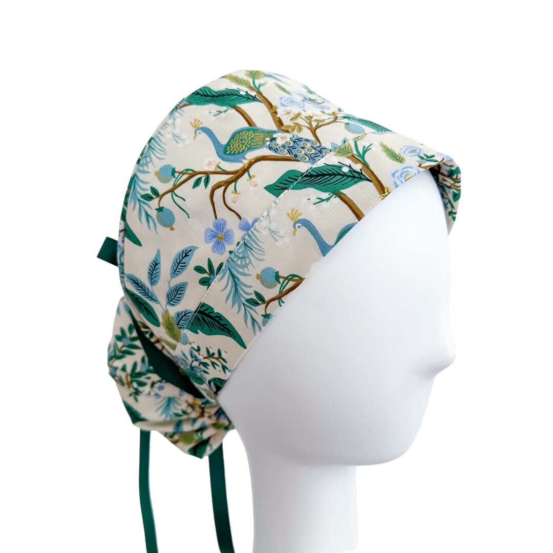 Rifle Paper Co Scrub Cap Peacock in Cream Metallic | Adjustable Hair Pouch | Scrub Caps for ...